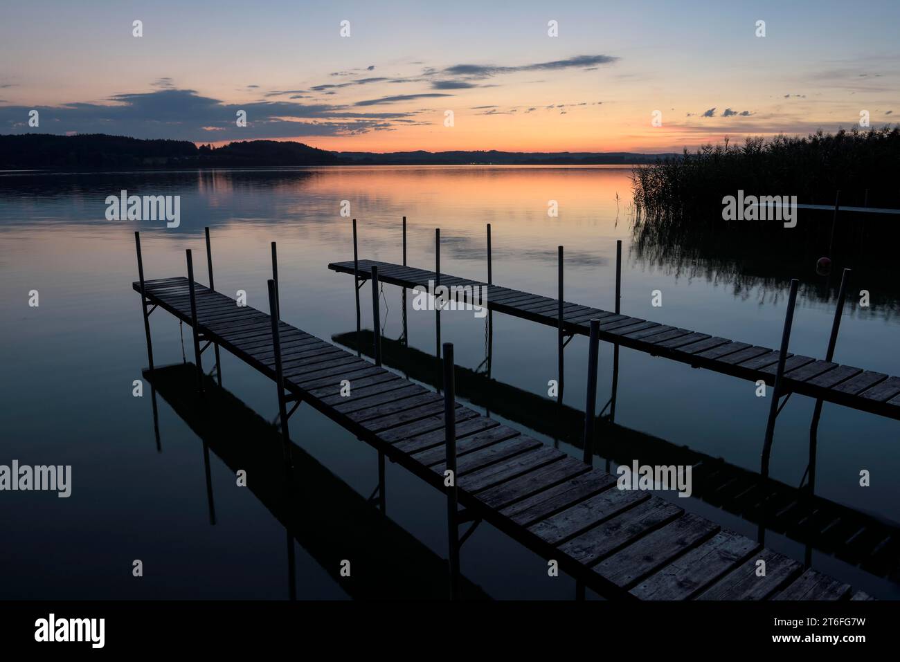 Lake Waginger See, jetty at sunset, Kuehnhausen, Berchtesgadener Land ...