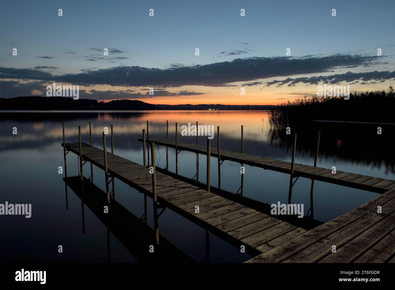 Lake Waginger See, jetties after sunset, Kuehnhausen, Berchtesgadener ...