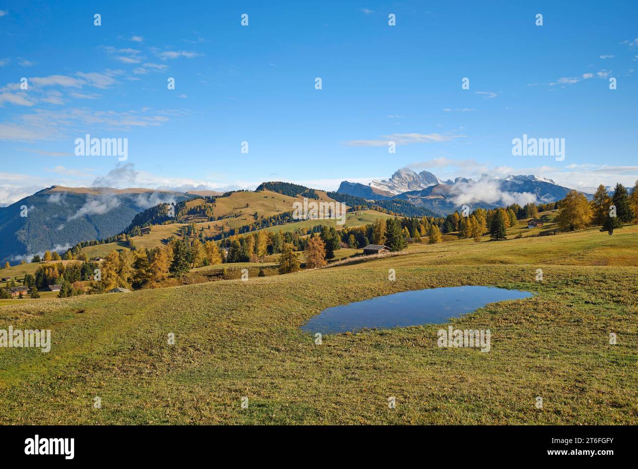 Autumn on the Seiser Alm, Seceda, Dolomites, blue sky, Kastelruth ...