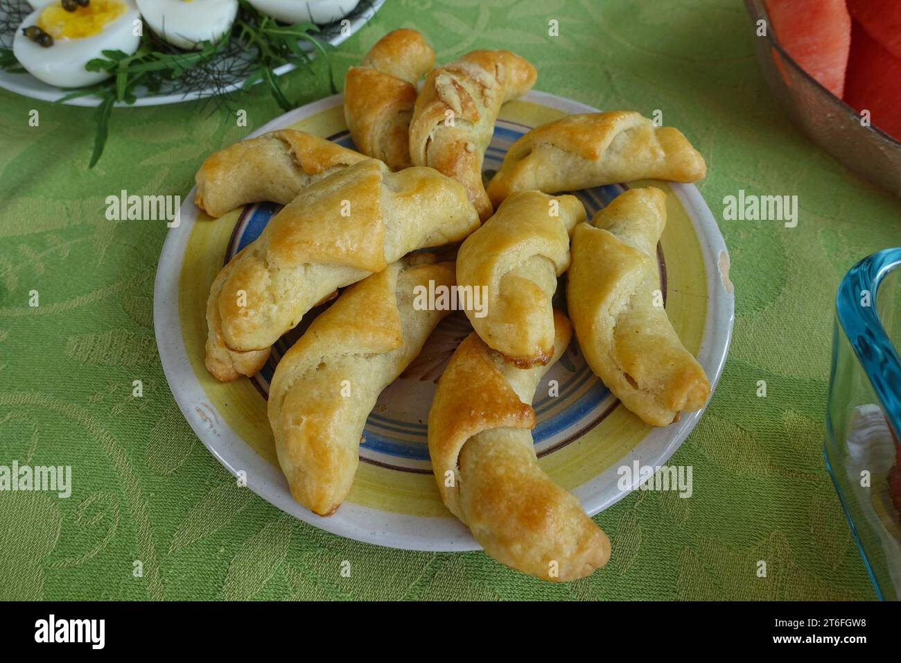 Breakfast table, breakfast, cold buffet, ham croissants, biscuits ...