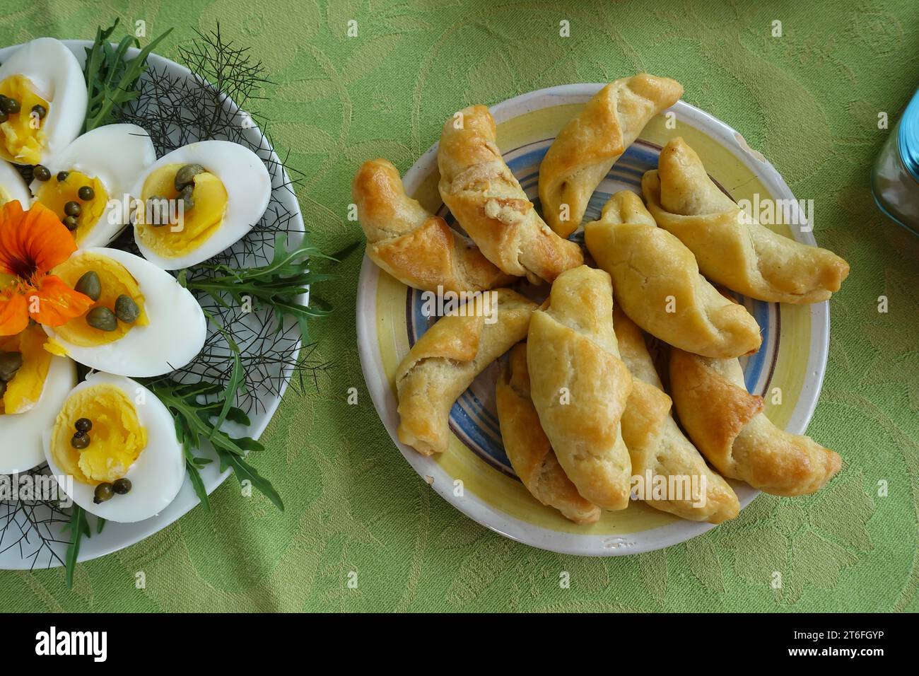 Breakfast table, breakfast, cold buffet, ham croissants, biscuits ...