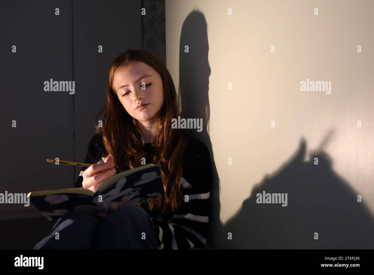 Teenage girl making notes with a pencil in a notebook, thinking about ...