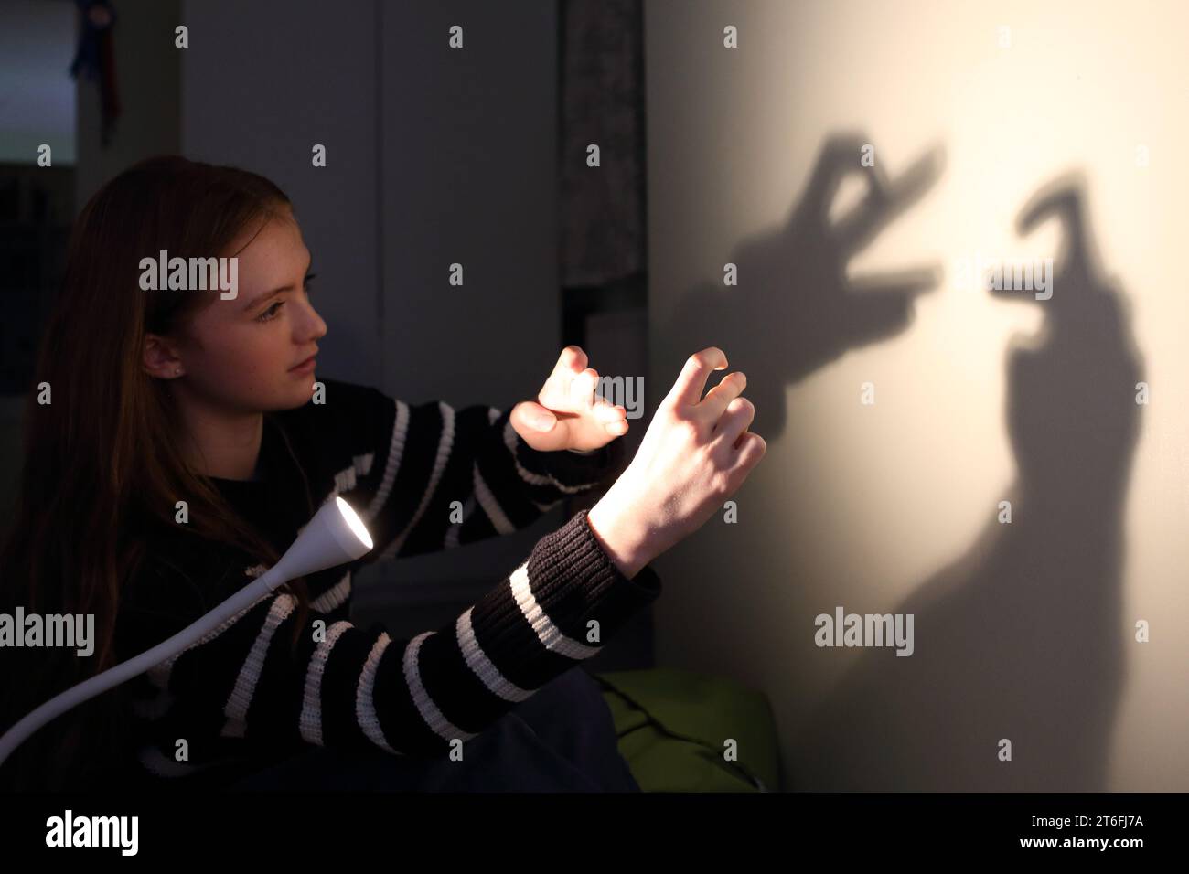 Teenage girl casting shadow puppet shapes with her hands and fingers ...