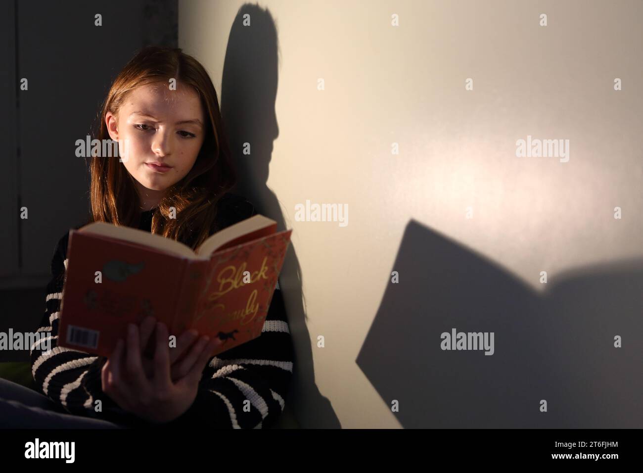 Teenage girl reading book at night Stock Photo - Alamy