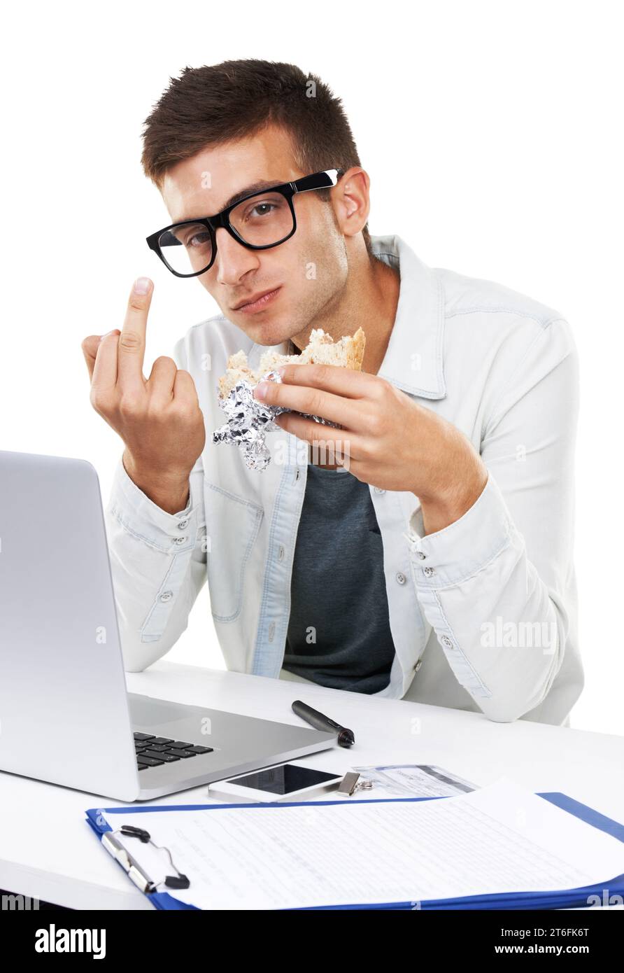 Portrait of man, eating lunch and middle finger in studio isolated on a ...