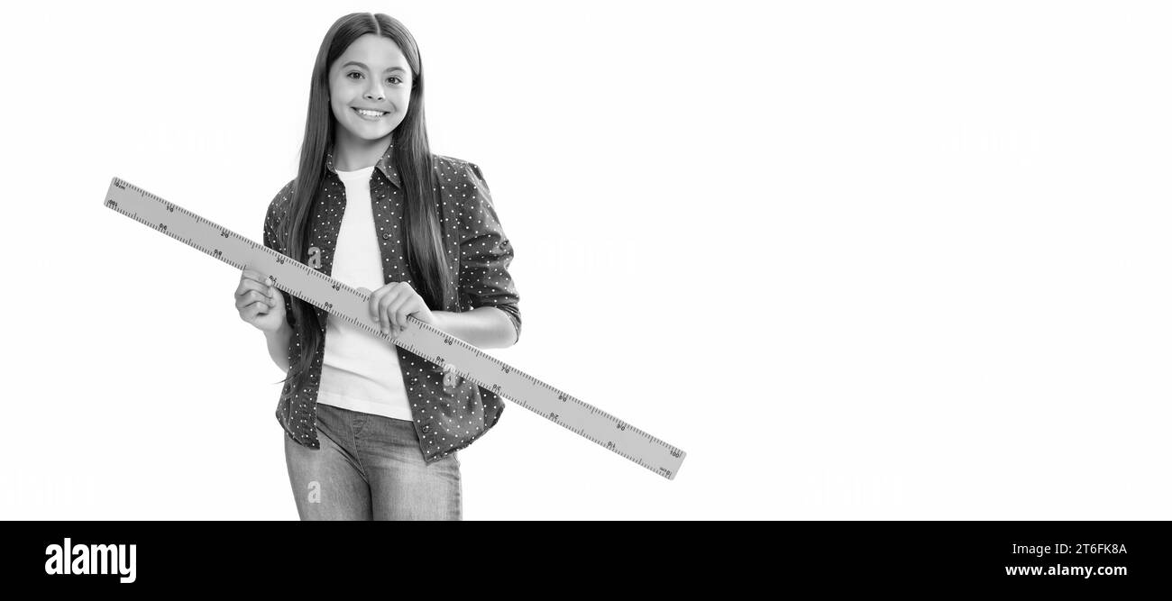 happy child hold ruler study mathematics at school isolated on white ...