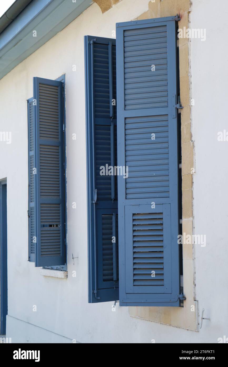Traditional wooden shutters on municipal building in Larnaca, Cyprus ...