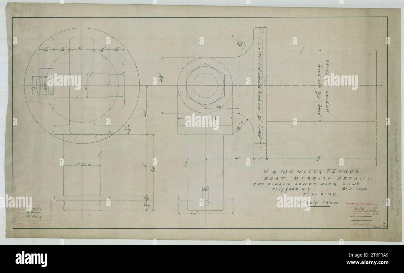 USS Terror (BM-4)- Boat Derrick Details. Two Pins and Lower Boom Ends ...