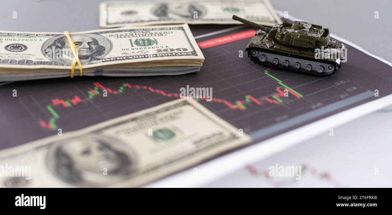 The main battle tank on US dollar bill banknotes background. U.S.A. and ...