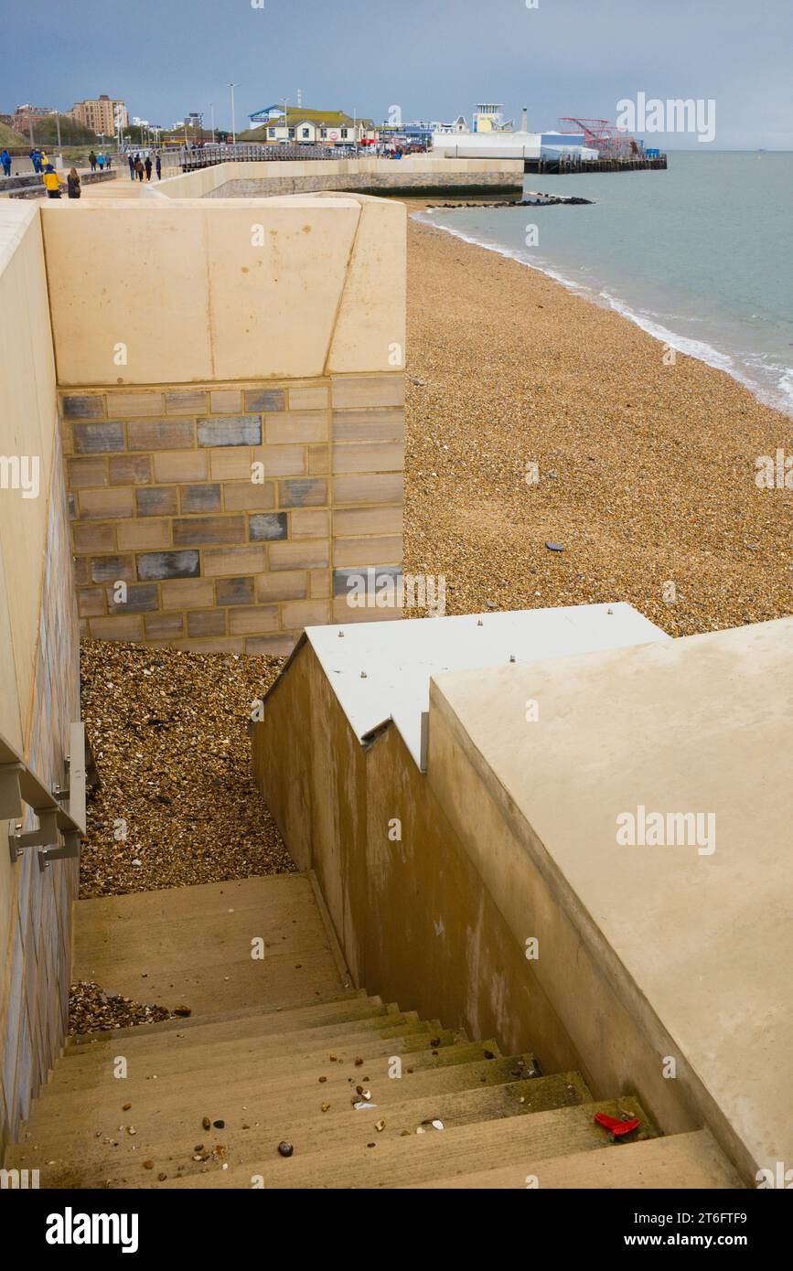 Detail of new steps and extensive sea defences at Southsea seafront in ...