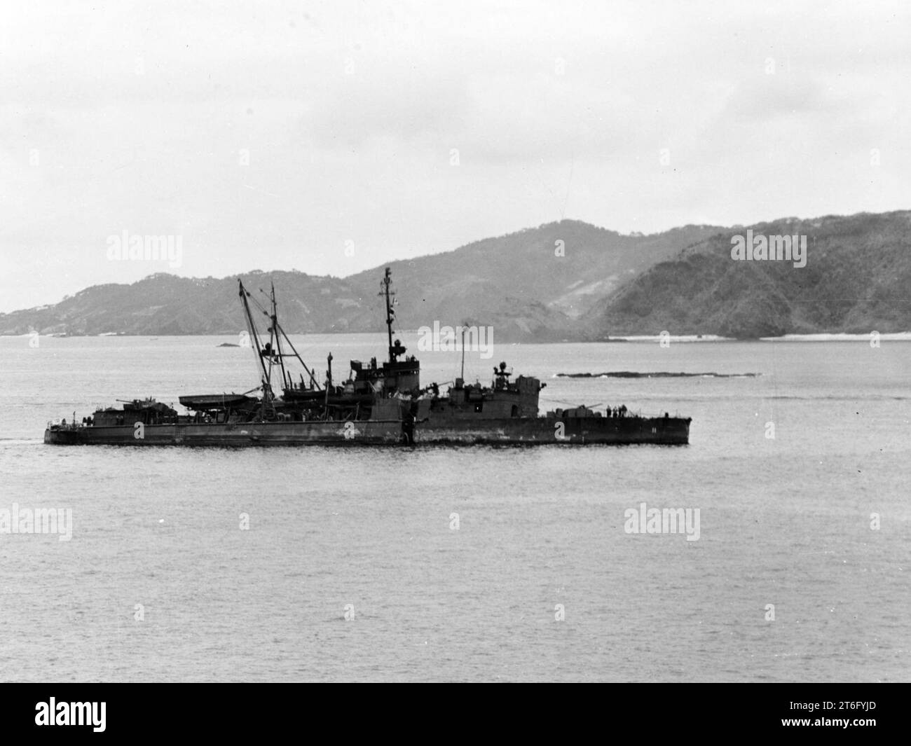 USS Thornton (AVD-11) damaged at Kerama Retto, Ryukyus, circa in mid ...