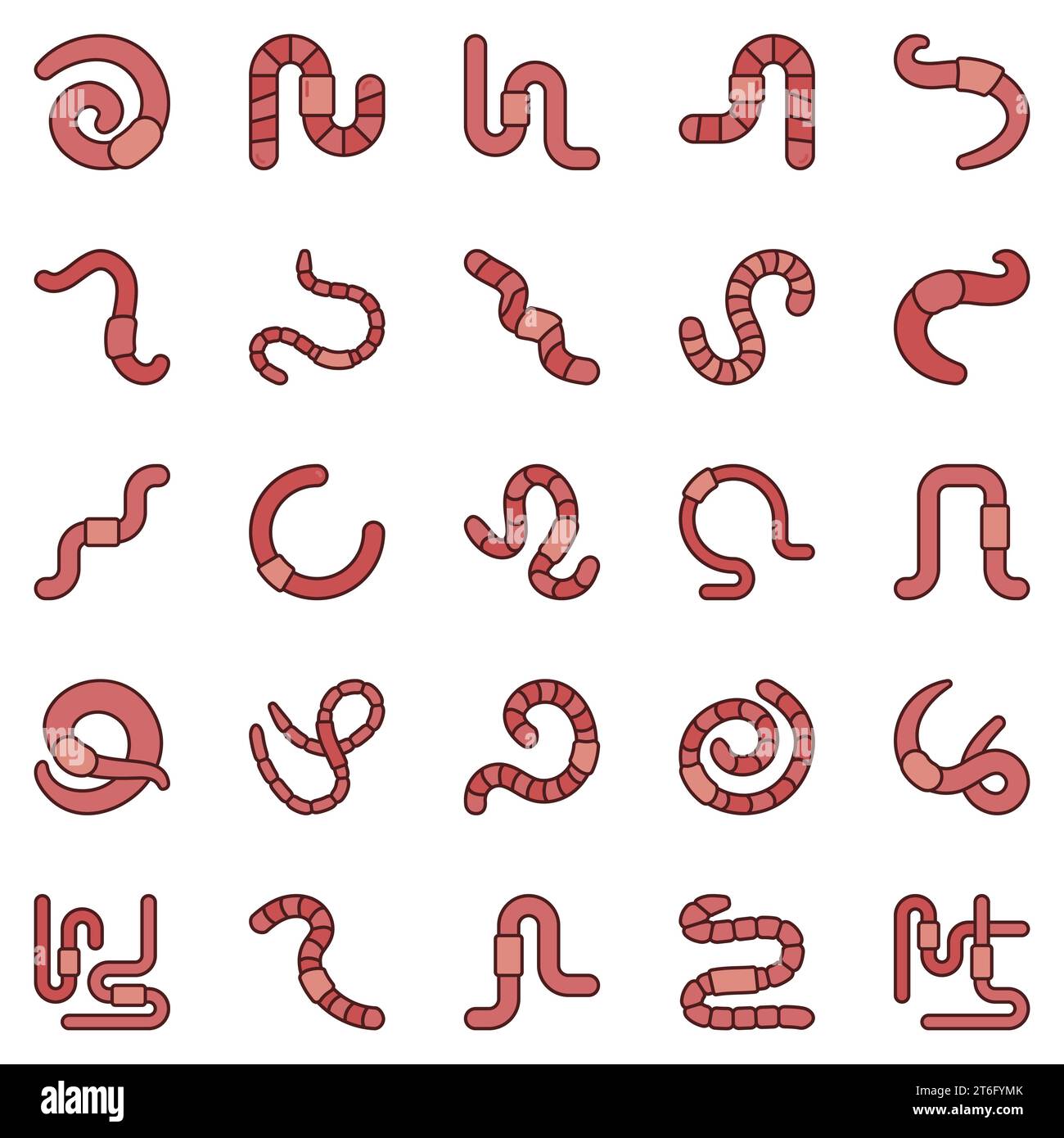 Worms colored icons set. Earthworm creative signs. Red Worms symbols ...