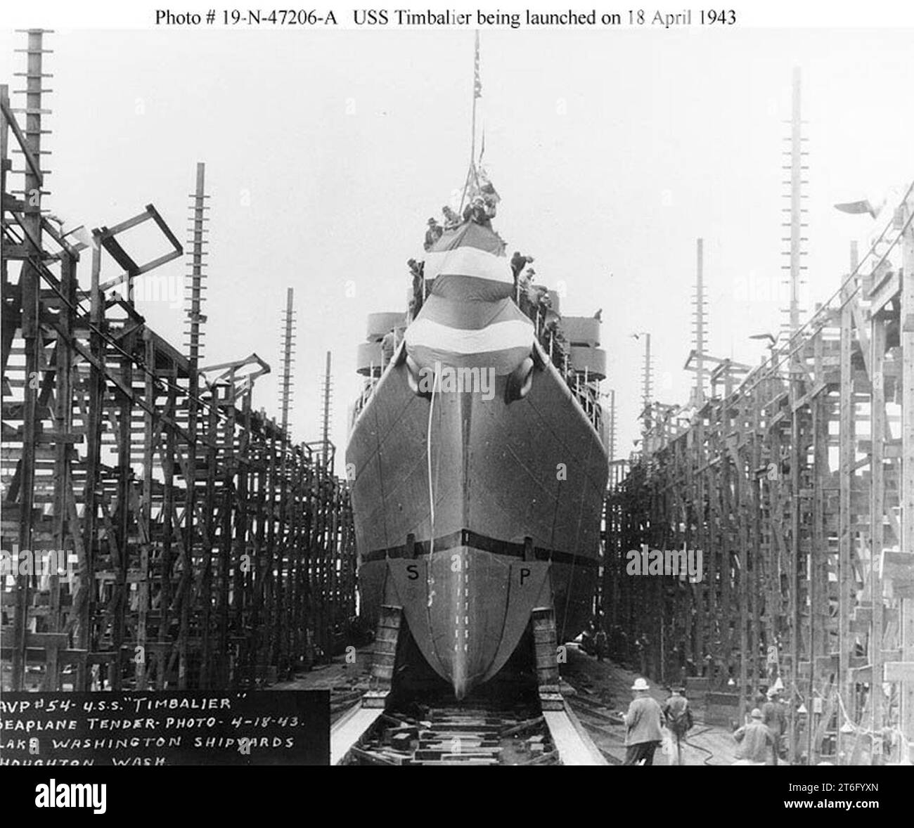 USS Timbalier (AVP-54) launching Stock Photo - Alamy
