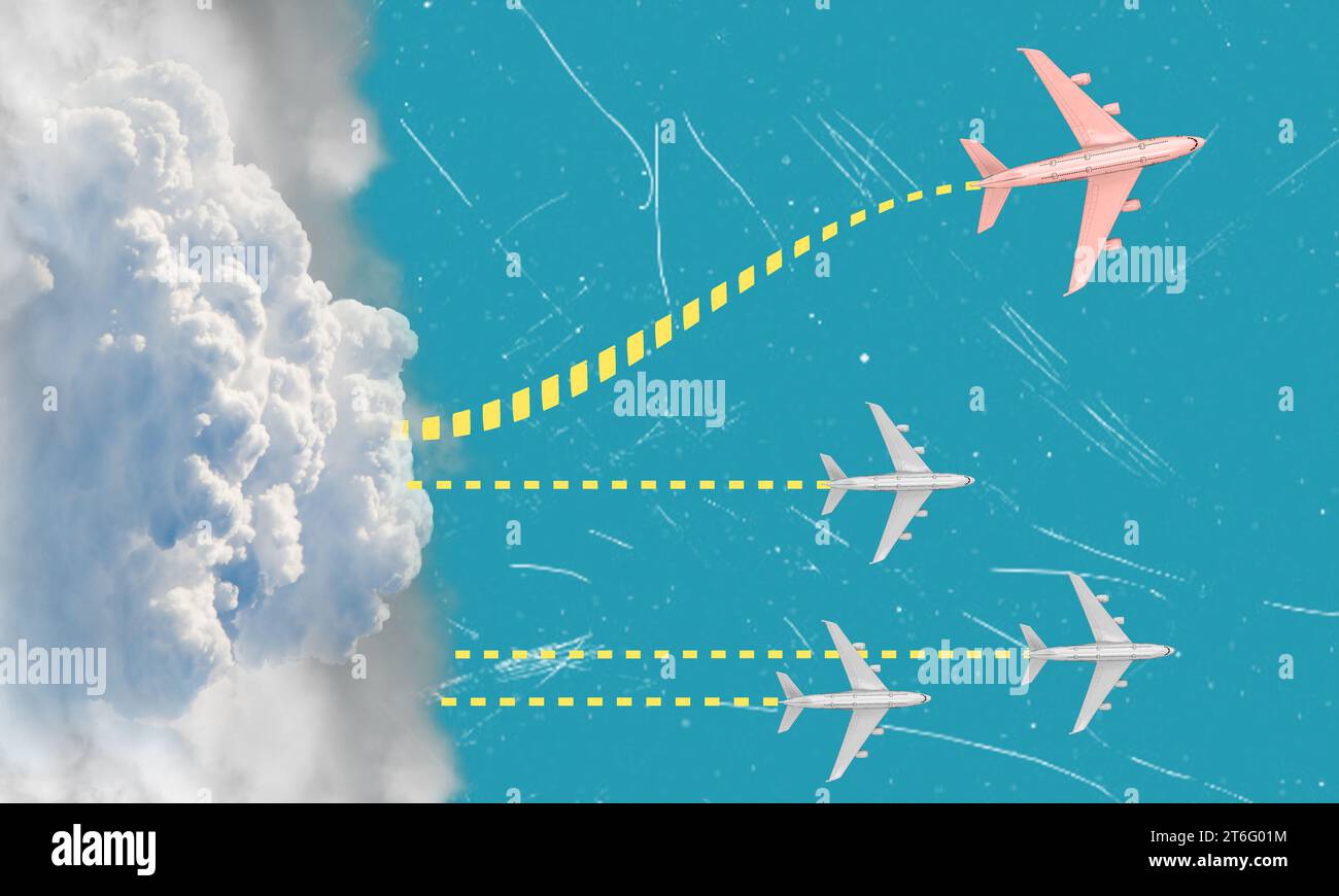 A contemporary artistic collage depicting airplanes soaring out of ...