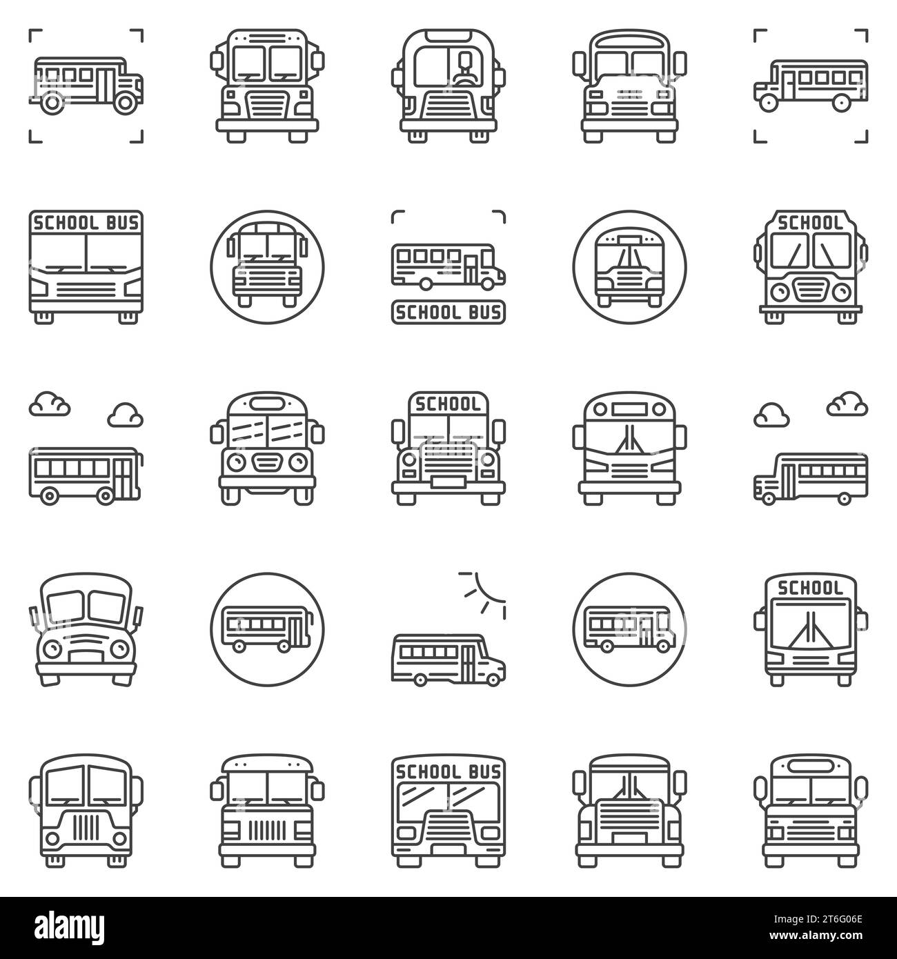 School Bus outline icons set. Buses vector transport concept symbols ...