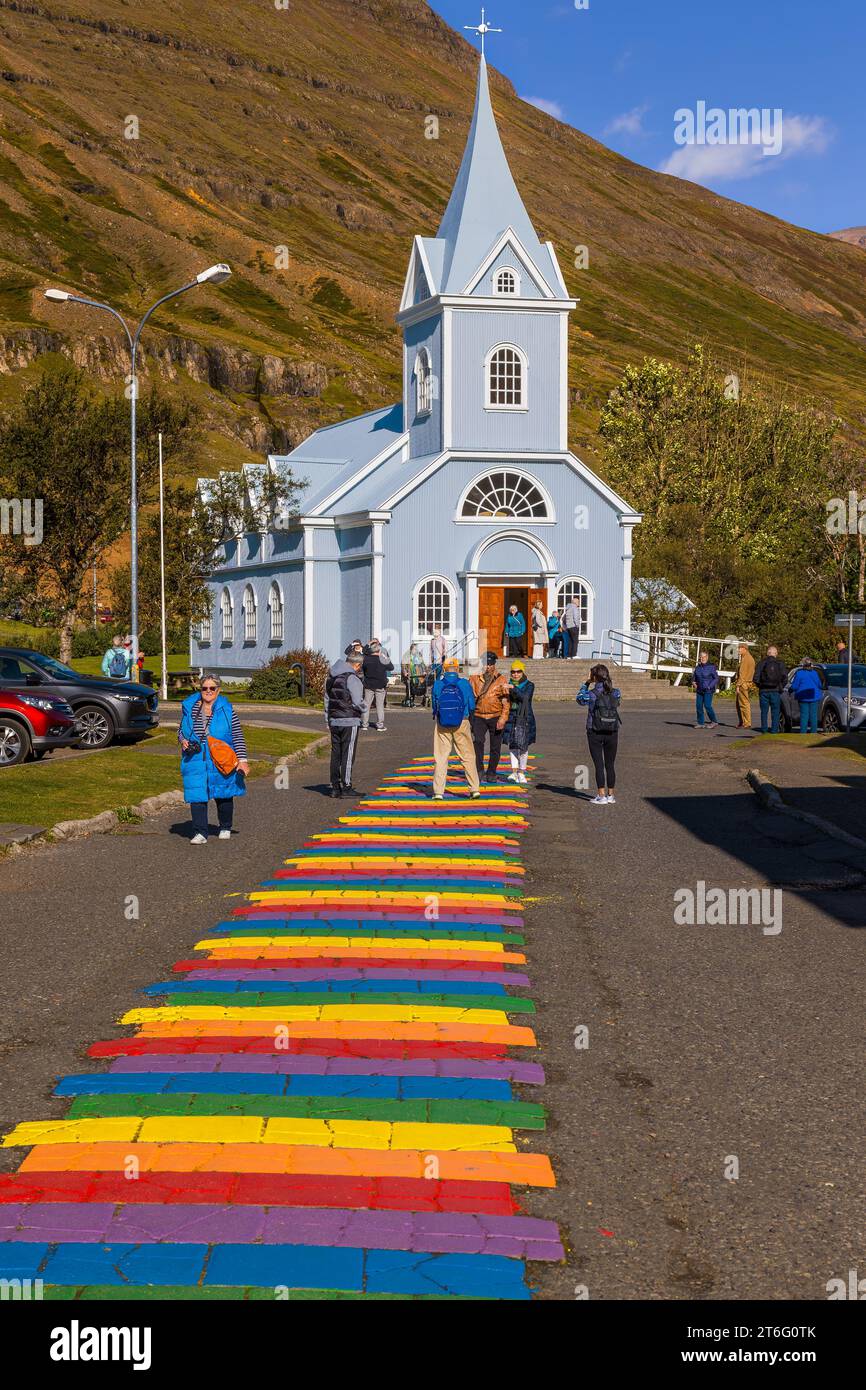 Rainbow path in Seydisfjordur, Iceland Stock Photo - Alamy
