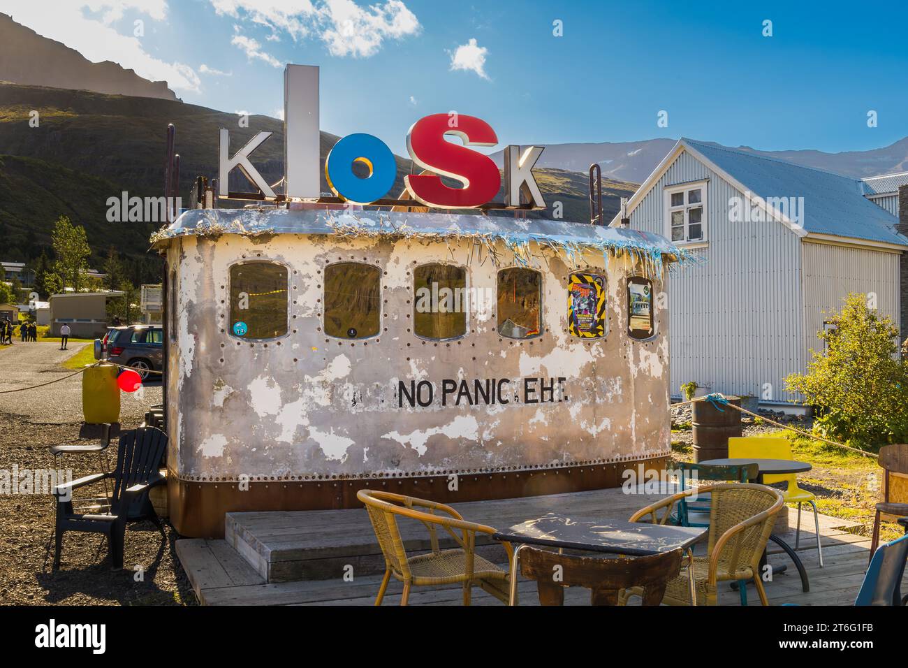 Strange cafe constructed of scrap metal in Seydisfjordur, Iceland Stock ...