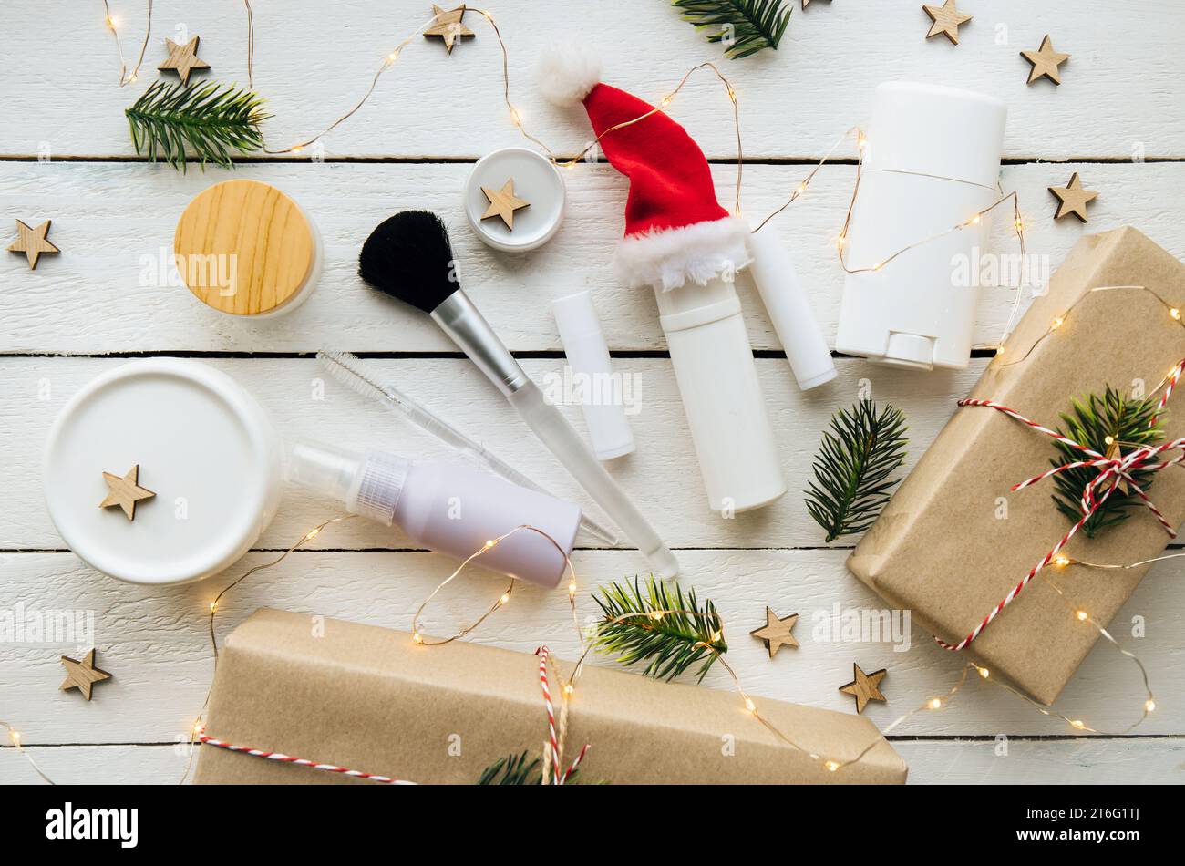 Flat lay view of handmade beauty products for Christmas present concept ...