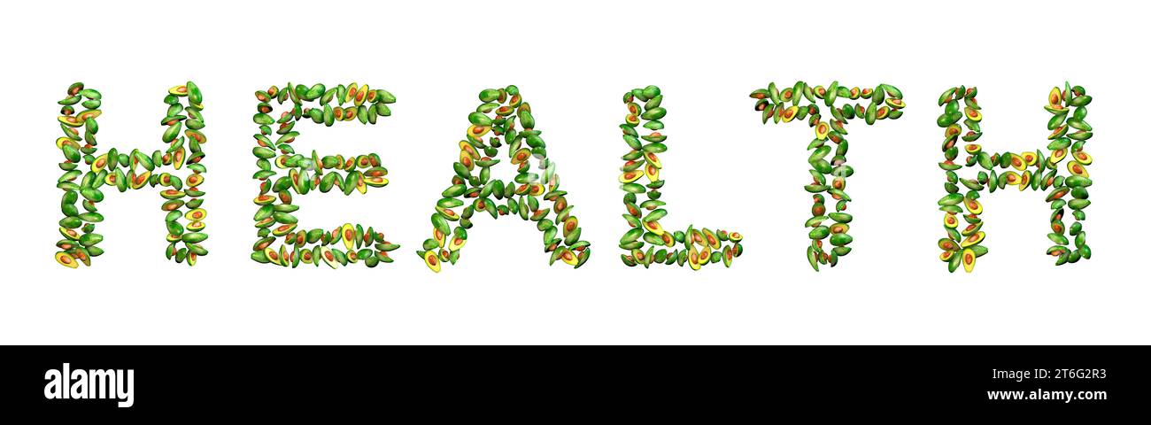 The word HEALTH made entirely of fresh green avocadoes, with their ...