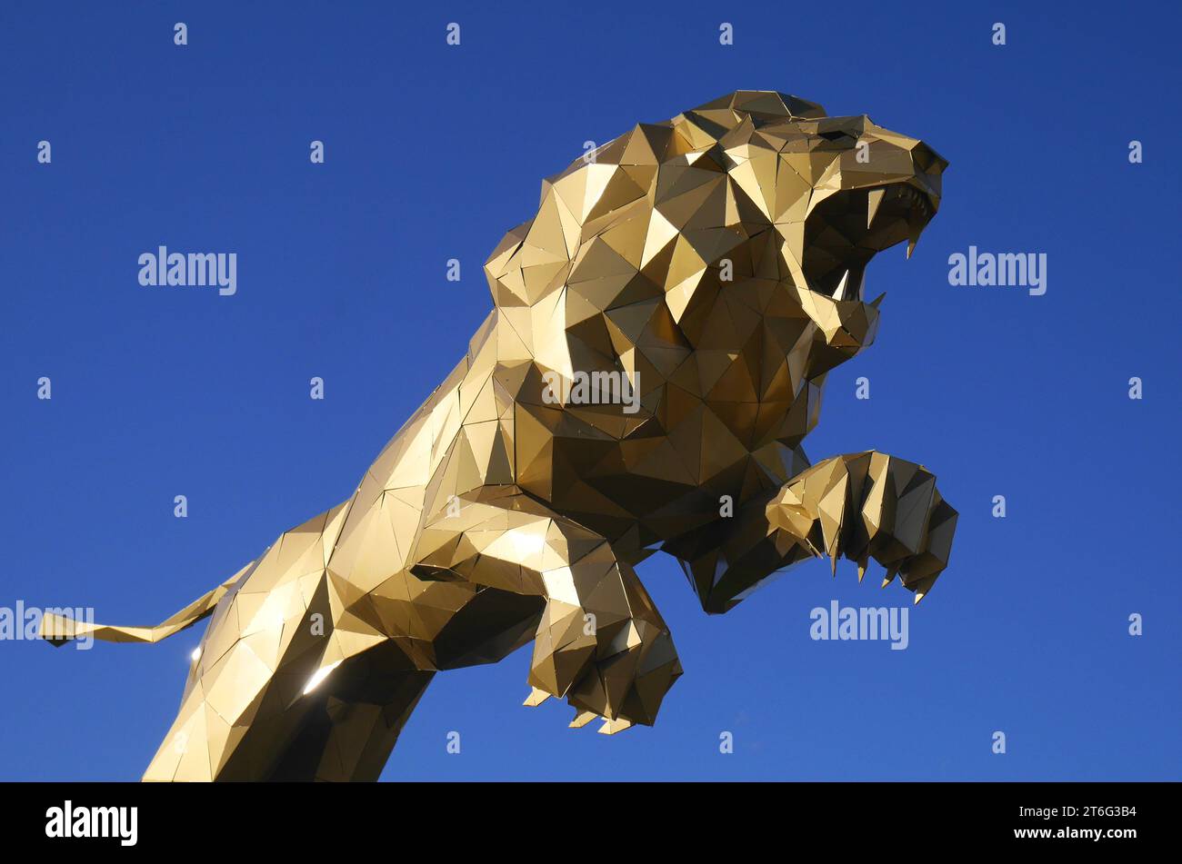 Lion statue outside the Bozsik Arena, named for Hungarian footballer ...