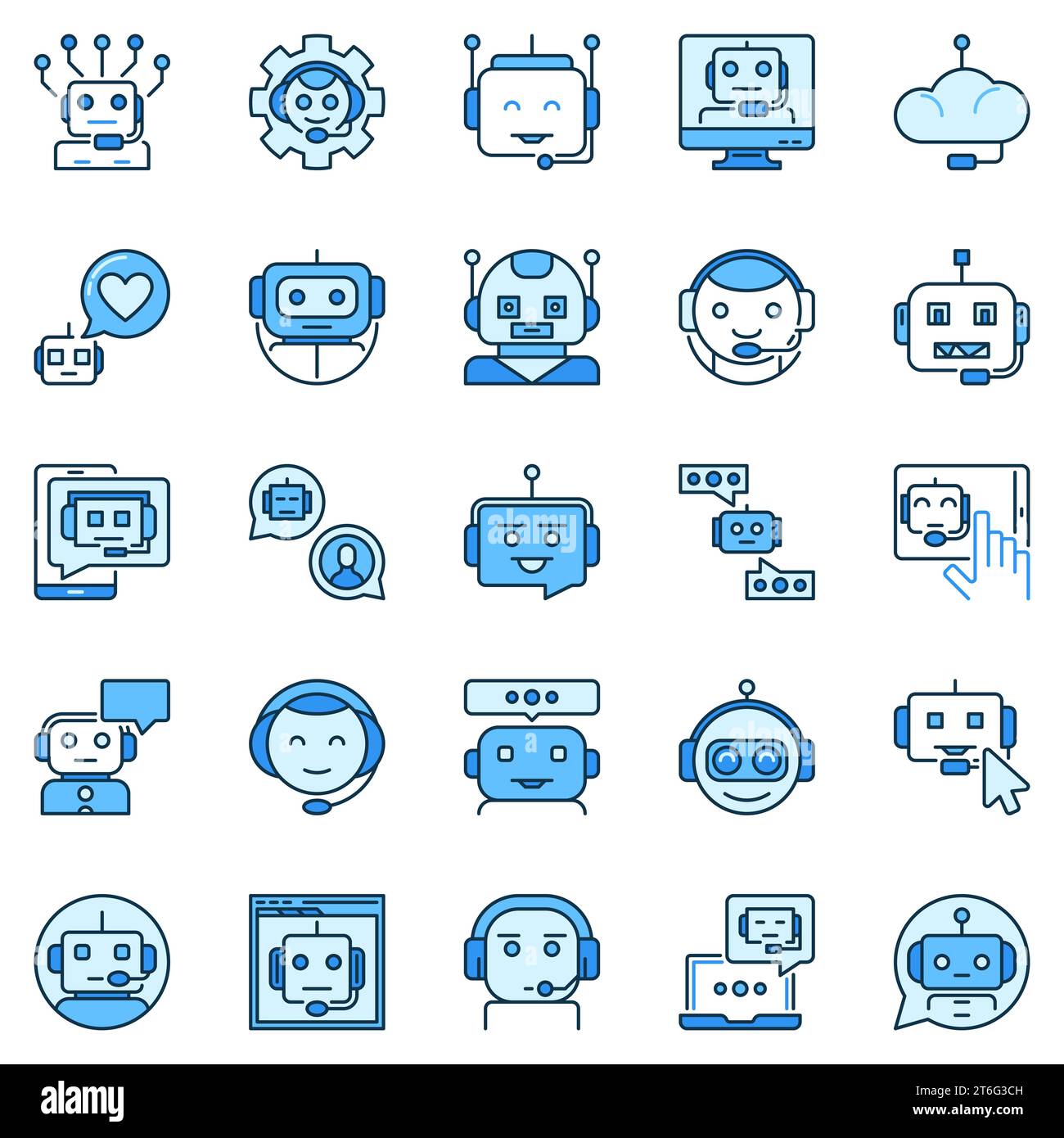 Chatbot blue icons set. AI Cute Chatbots Robots concept creative signs collection. Chat Bot ...