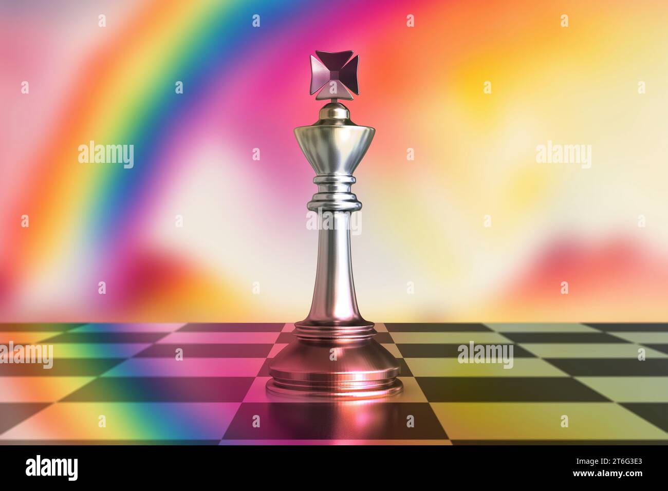 Chess king figure on chess board on a rainbow background, 3D ...