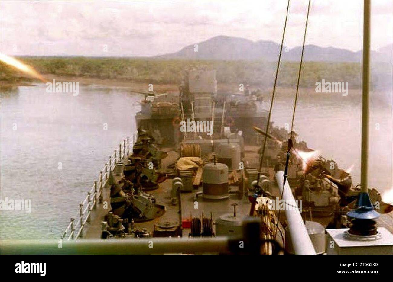 USS White River (LFR-536) firing rockets in the Rung Sat Special Zone ...