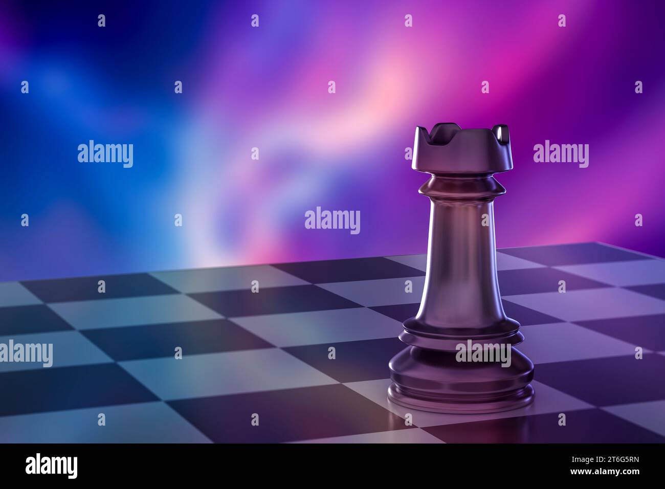 Chess rook on chess board on space background, close-up view, 3D ...
