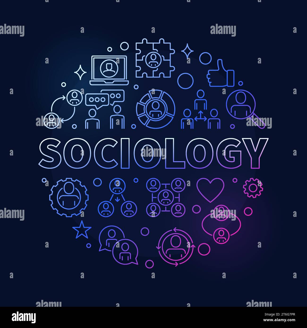 Sociology and Social Interaction concept vector round outline colored ...