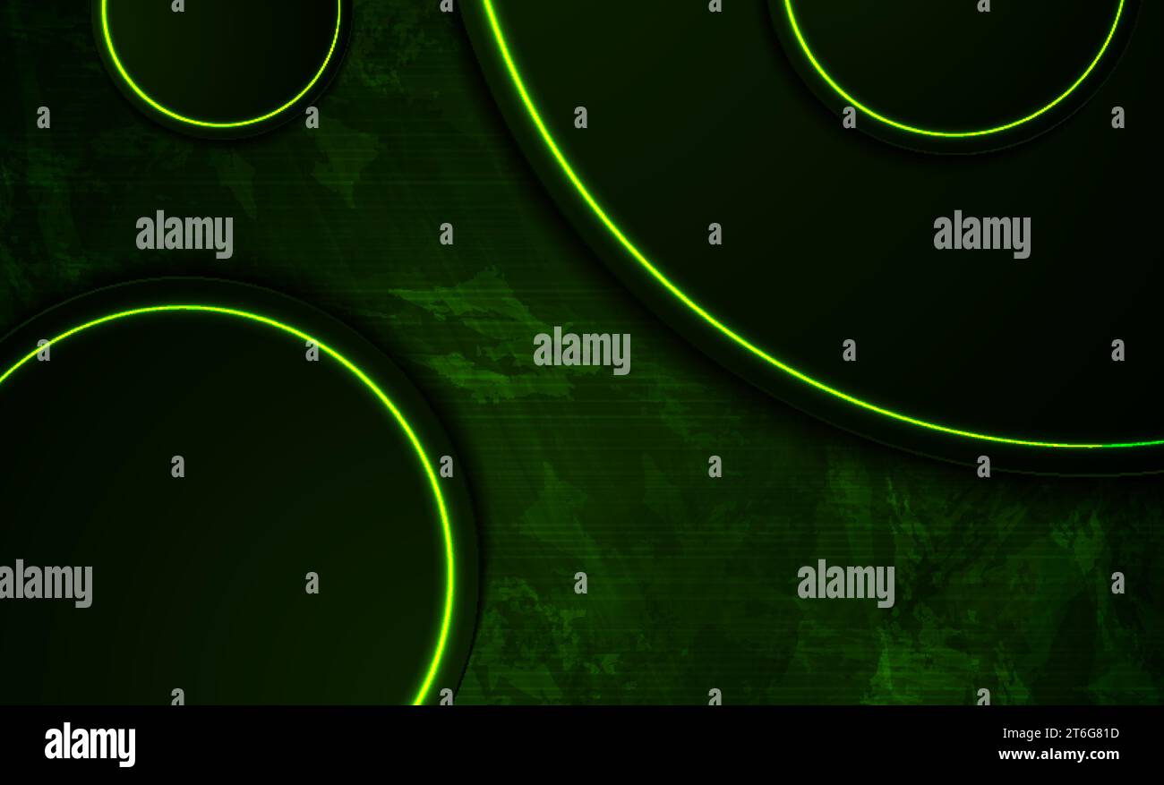 Dark green neon laser circles. Abstract grunge tech graphic design. Old ...