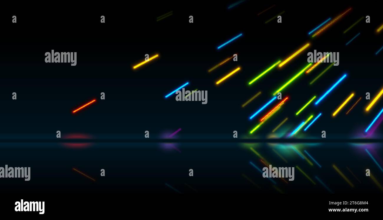 Colorful neon laser rain with reflection. Abstract rays technology ...