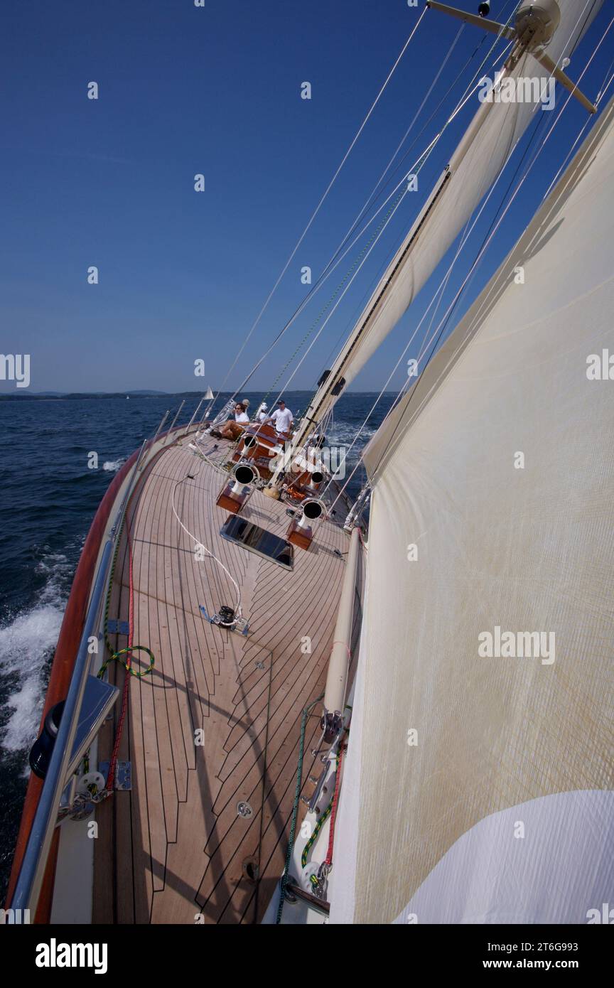 View of the crew of a custom-designed sailboat off the coast of Maine ...