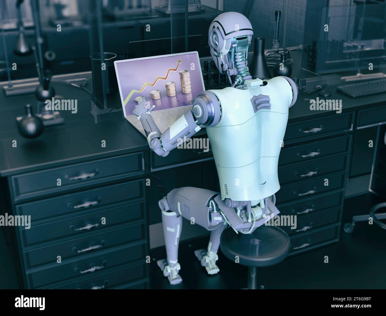 A humanoid robot working with laptop studying economy chart, conceptual ...