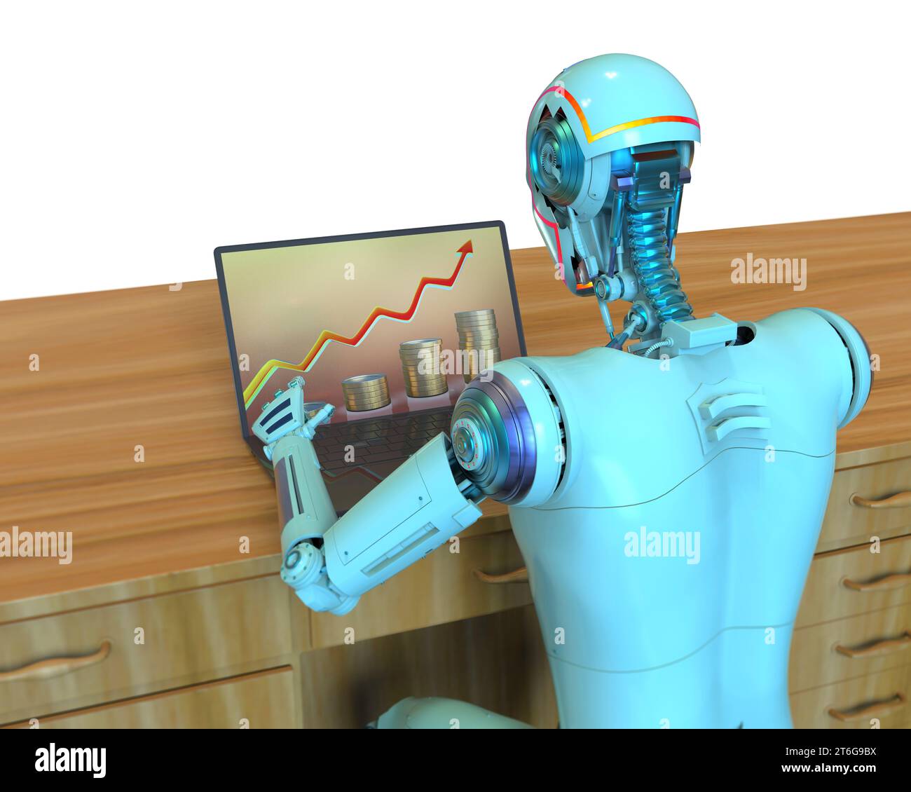 A humanoid robot working with laptop studying economy chart, conceptual ...