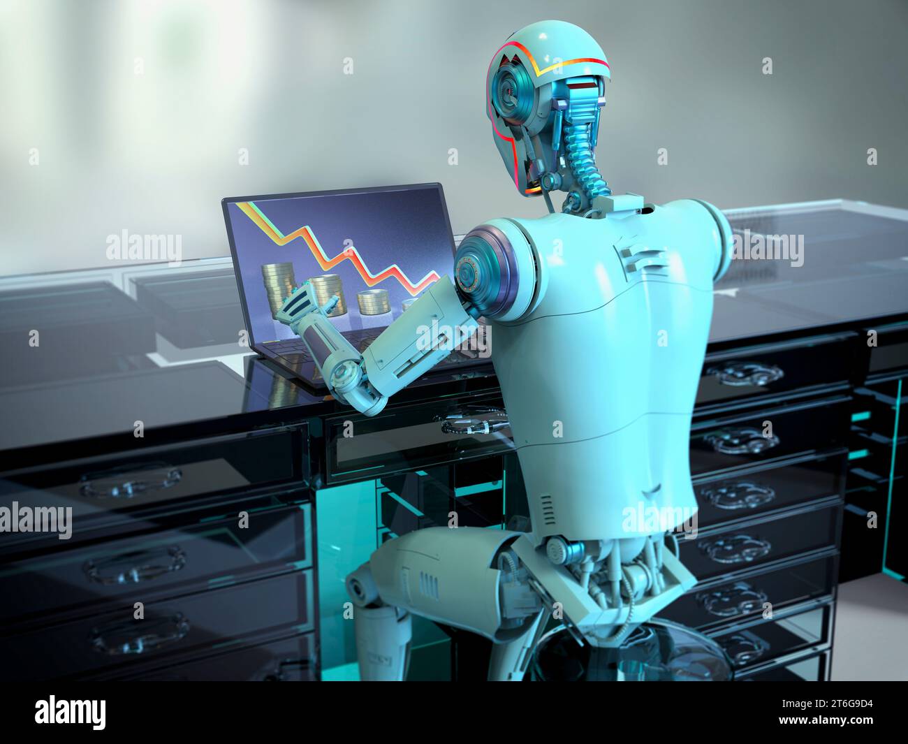 A humanoid robot working with laptop studying economy chart, conceptual ...