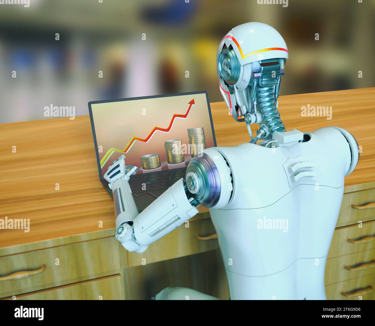 A humanoid robot working with laptop studying economy chart, conceptual ...