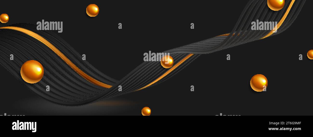 Bronze glossy spheres and black waves abstract geometric background. Modern vector banner design ...