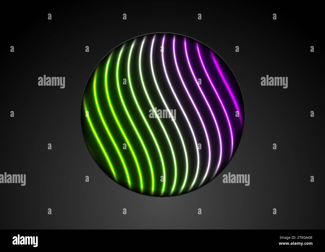 Hi-tech futuristic background with glowing neon waves and black circle. Abstract retro vector ...