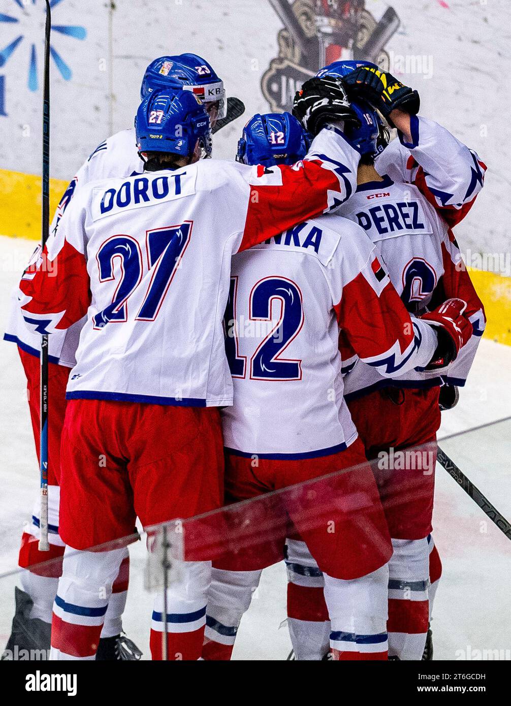 Chomutov, Czech Republic. 09th Nov, 2023. Czech hockey players celebrate goal during the 2023 ...