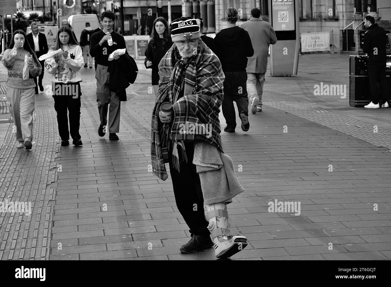 Destitution in the city centre of Cardiff. A homeless man poses for the ...