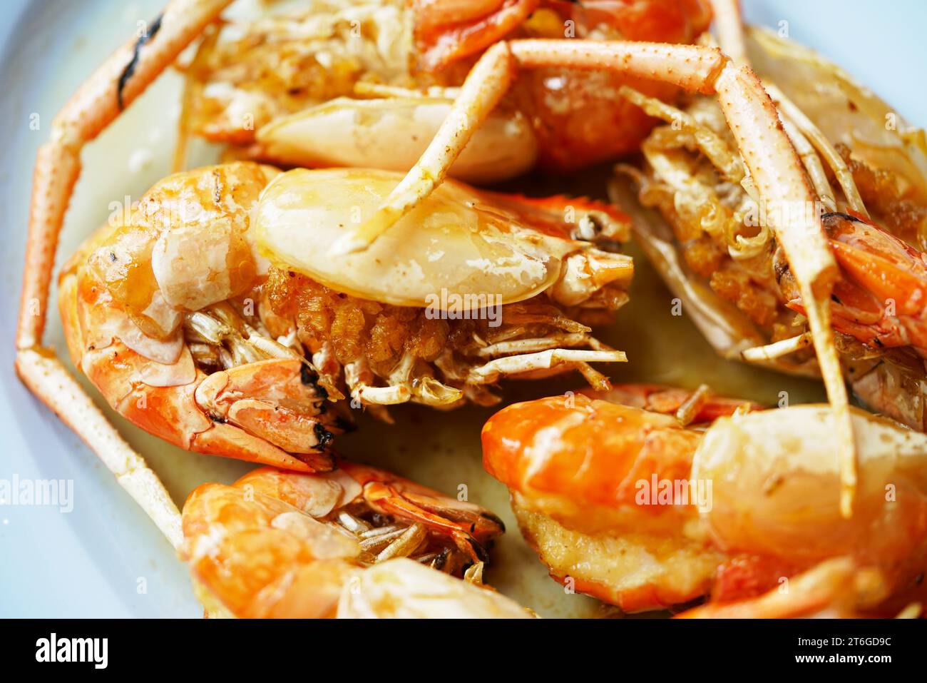 Thai seafood menu, Baked prawns with salt, close-up cooked big prawns ...