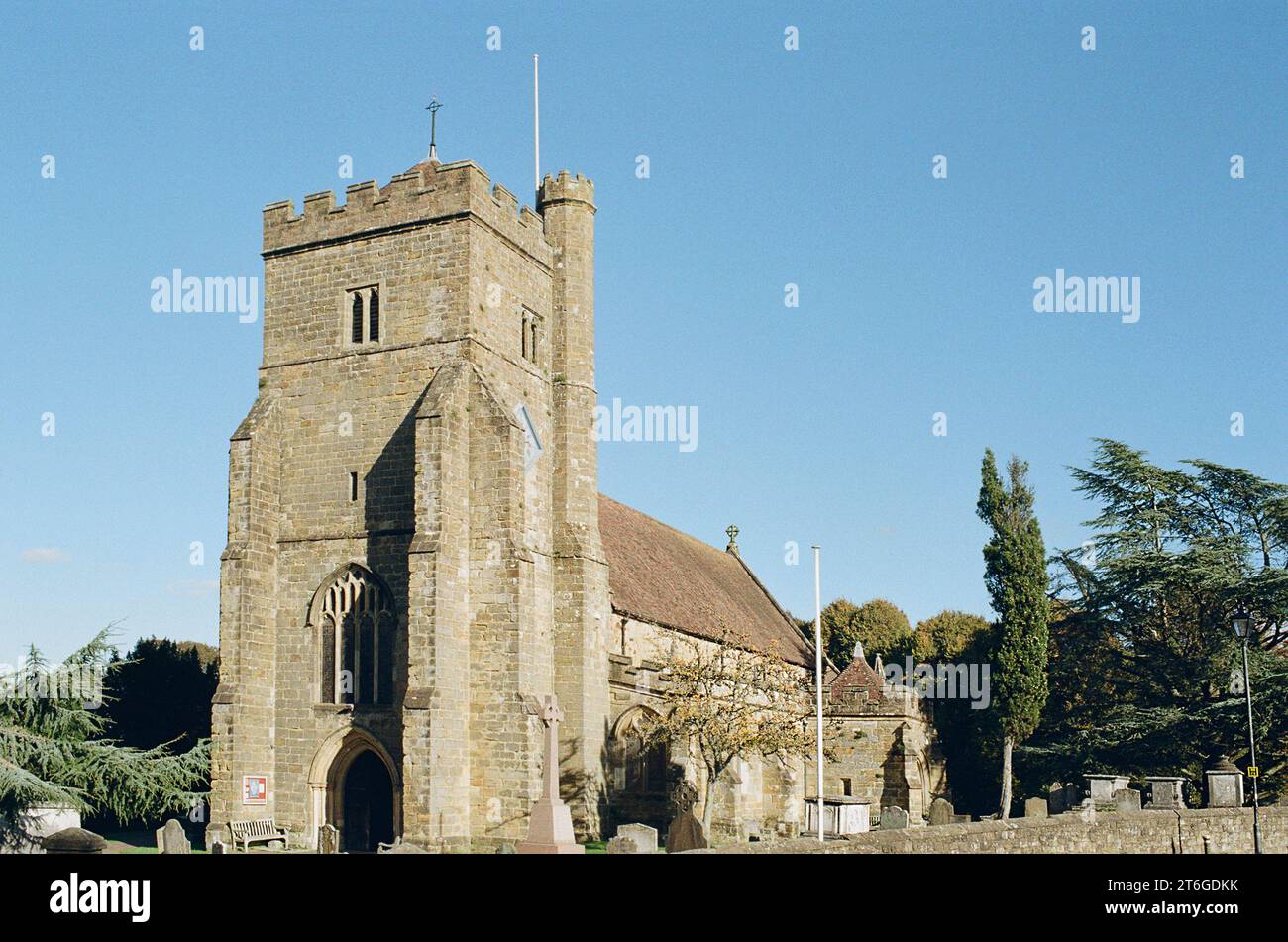 The 15th century church of St Mary, Battle, East Sussex, UK, with blue ...