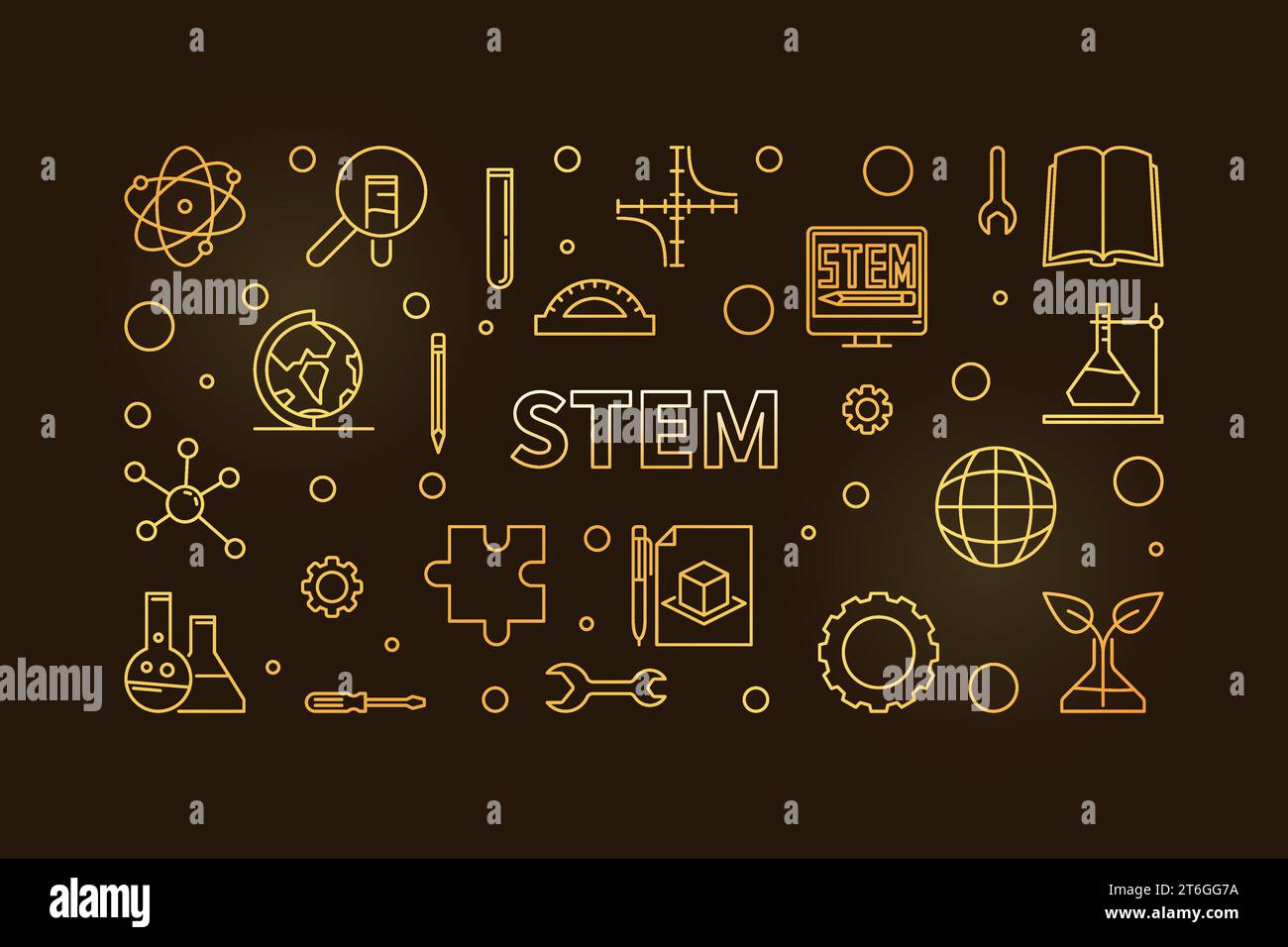 STEM Science line concept golden horizontal banner. Science, Technology, Engineering and Math ...