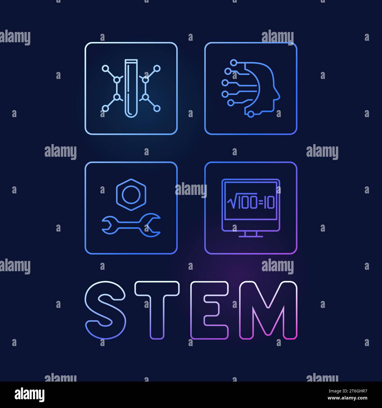 STEM Science line concept colored square banner with 4 signs - Science, Technology, Engineering ...