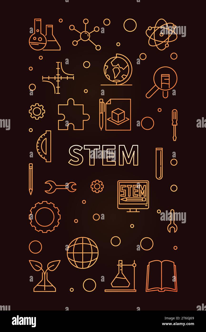 STEM golden modern banner in outline style. Science concept linear ...