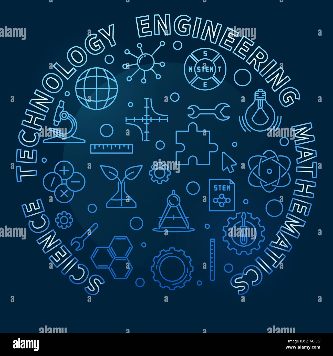 Science, Technology, Engineering, Mathematics round blue thin line illustration. STEM concept ...