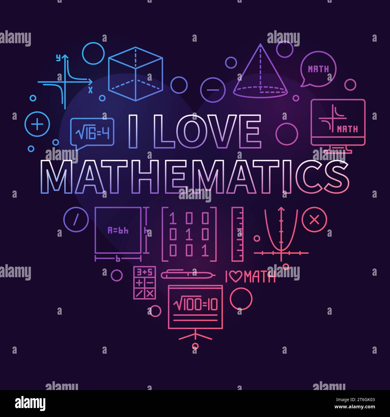I Love Mathematics Heart concept vector outline colored banner. Math ...
