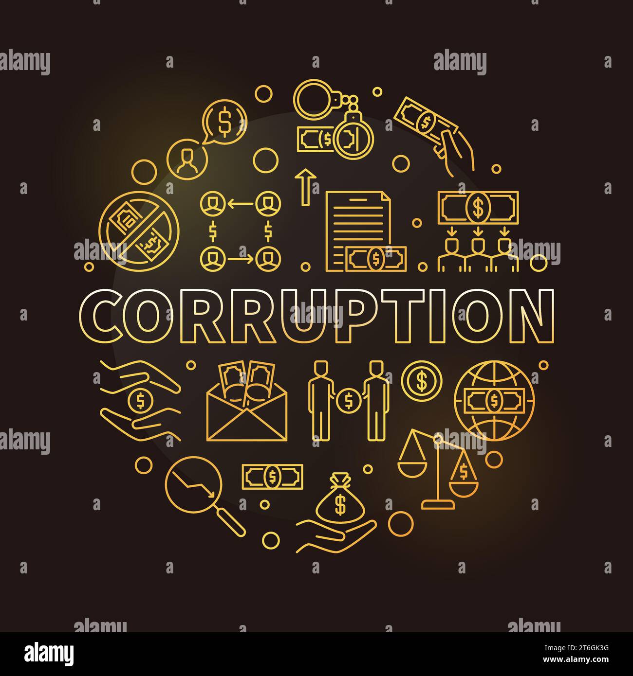 Corruption concept outline circular golden banner. Vector linear round ...