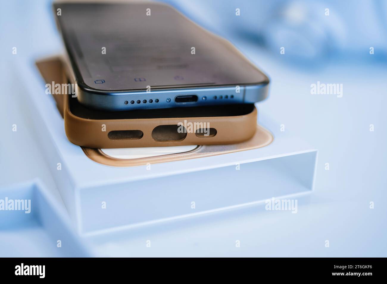 Paris, France - Oct 25, 2023: The new Apple iPhone 15 Pro Max under a ...