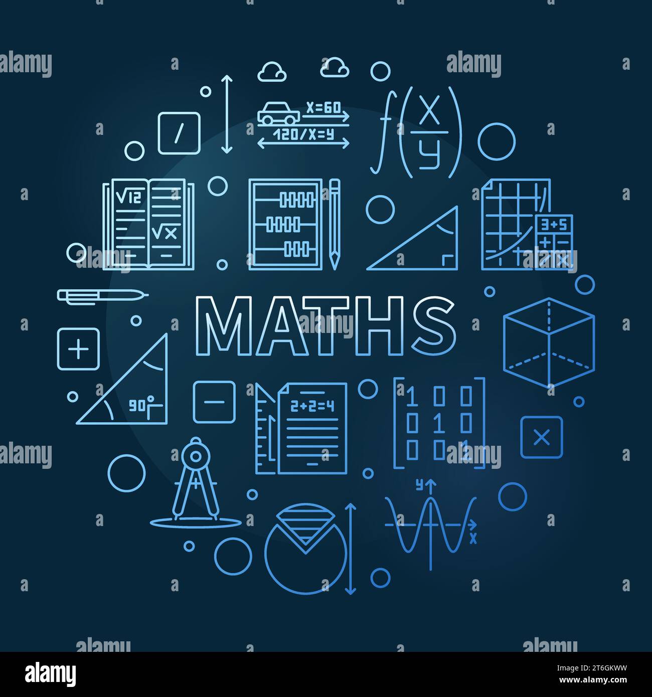 Maths concept vector thin line round blue banner. Math illustration ...